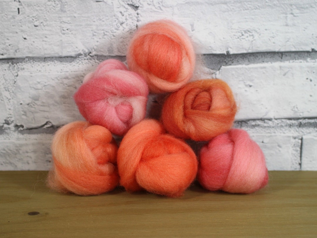 Wooly Buns in Ruby Red Grapefruit, Wool Roving Assortment, 6 Piece Hand ...