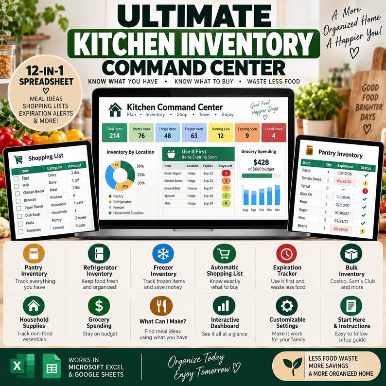 Kitchen Inventory Spreadsheet | Pantry & Freezer Tracker, Grocery List ...