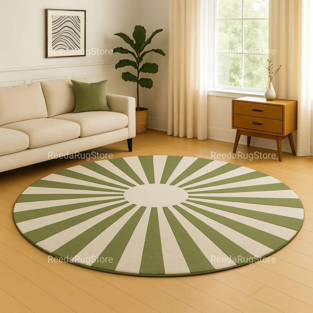 Hand Tufted Round Sunburst Rug | Green & White Modern Carpet | Trendy ...