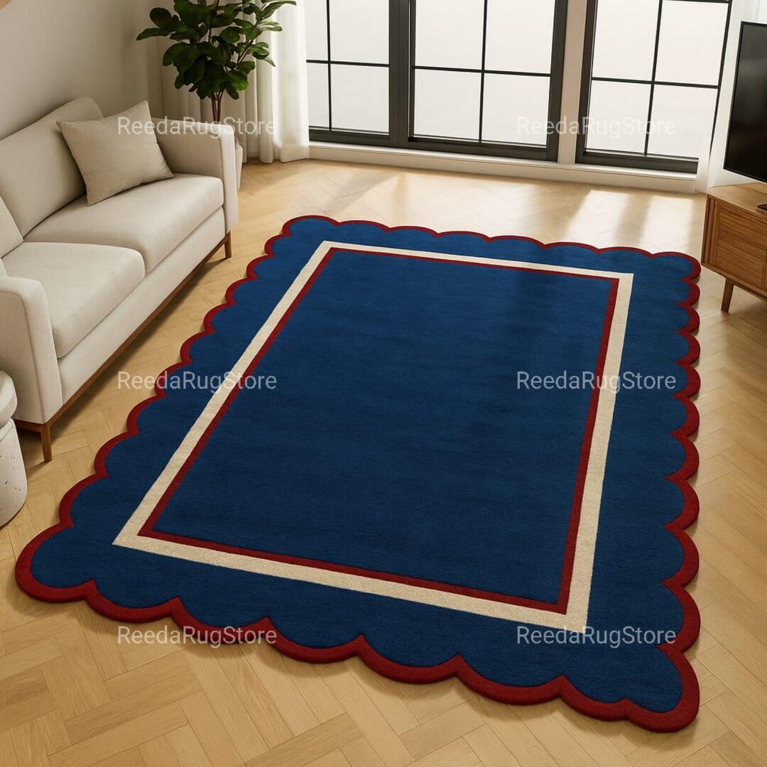 Hand Tufted Scallop Edge Rug | Modern Blue Area Carpet With Red & White ...