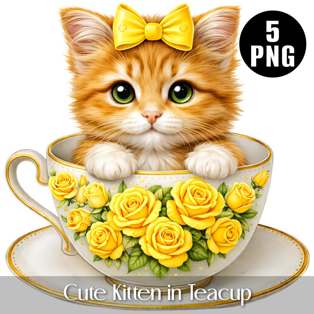 Cute Kitten in Teacup Clipart Bundle, Floral Cat PNG, Bow Kitty ...