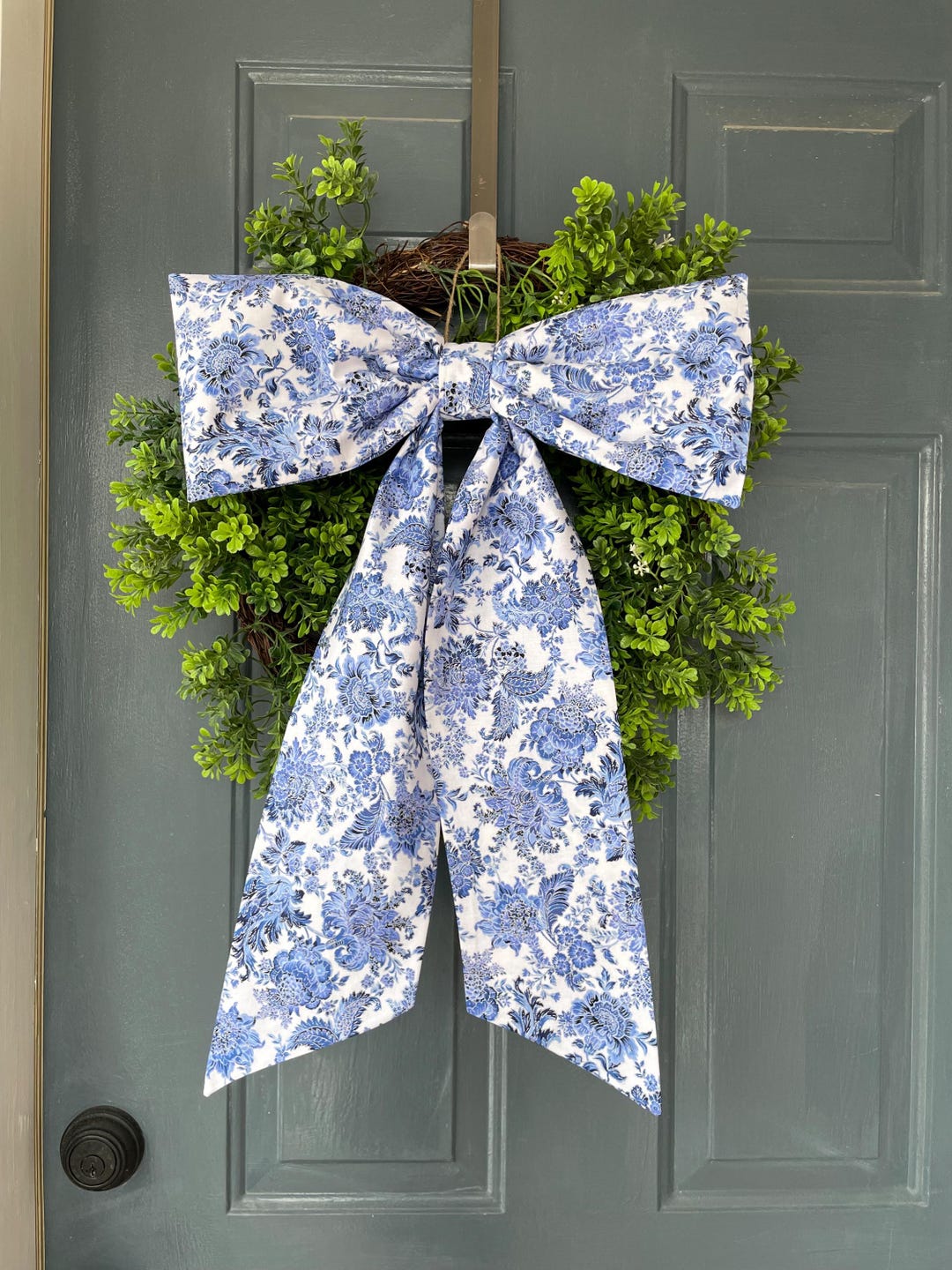 Bow for Wreath Front Door, Wreath Sash, Blue Toile Bow, Large Fabric ...