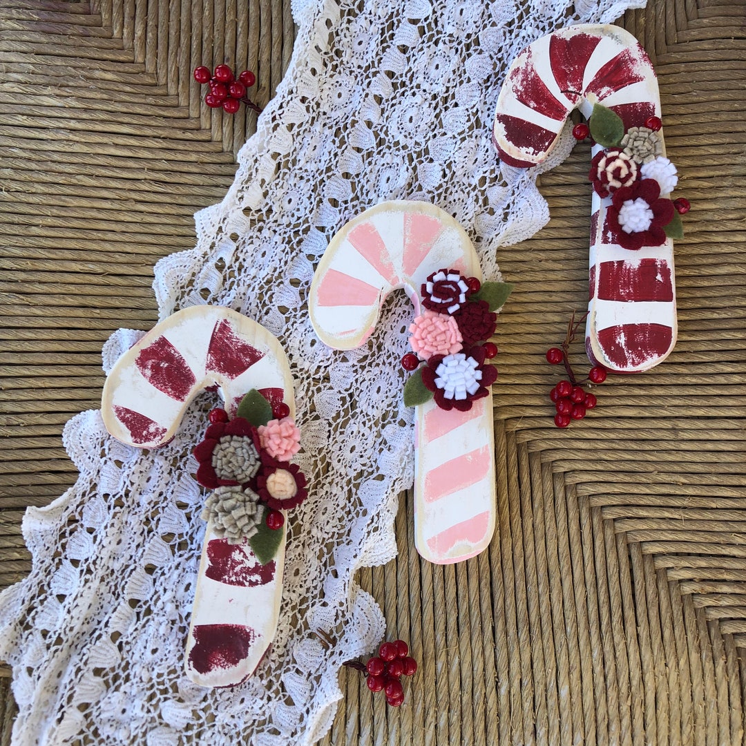 Rustic Wood Candy Canes With Felt Flowers, Candy Cane Tiered Tray Decor ...