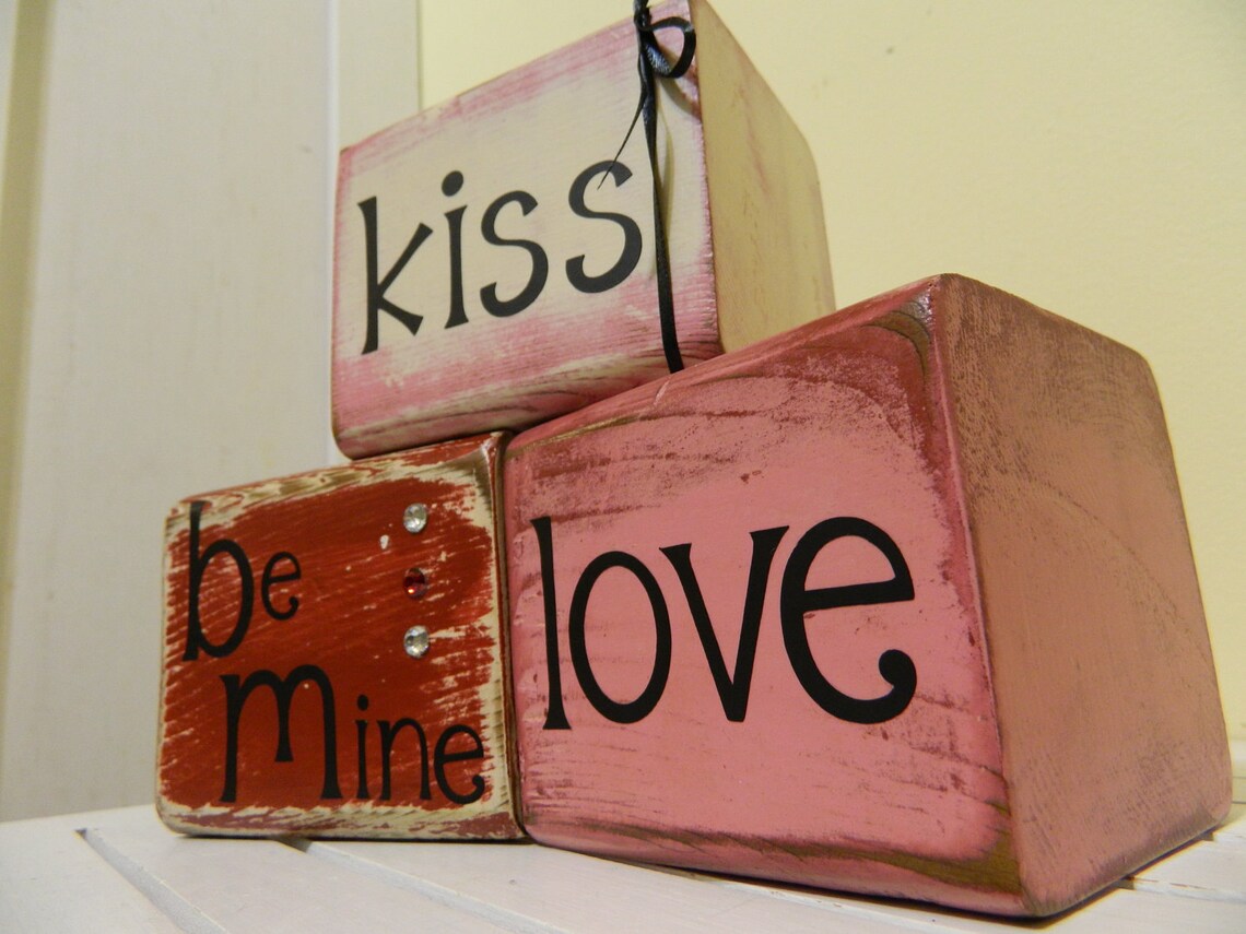 Valentine Wooden Blocks Conversation Blocks White Pink and Red | Etsy