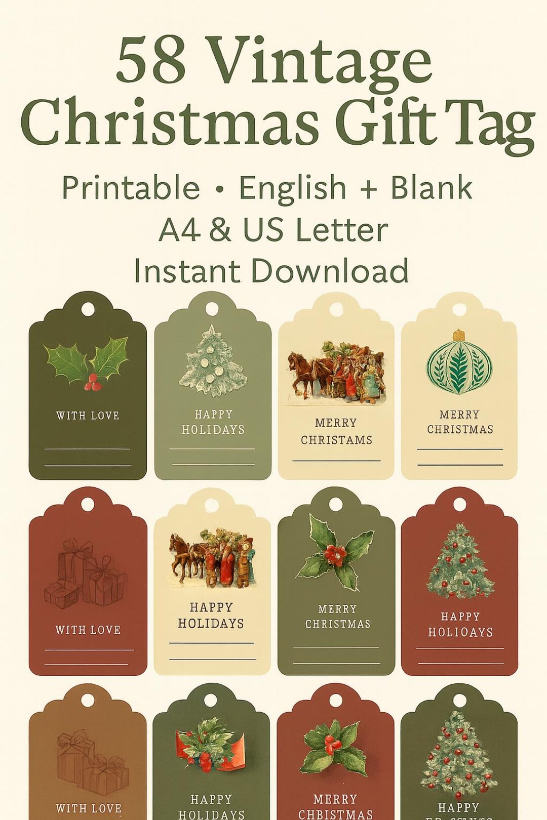 58 Vintage Christmas Gift Tags | Printable Retro Tags | A4 US Letter ...