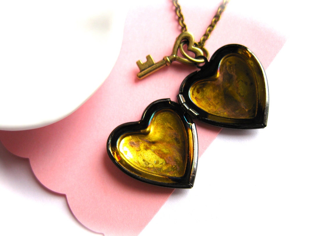 Puffed Heart Locket & Key Charm Necklace-dark Heart - Etsy