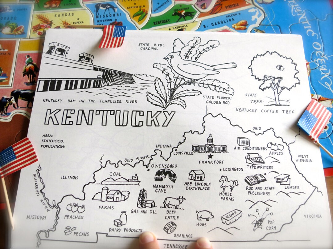 Vintage Kentucky Map Print-1980s Coloring Book Page-kentucky Derby-abe ...