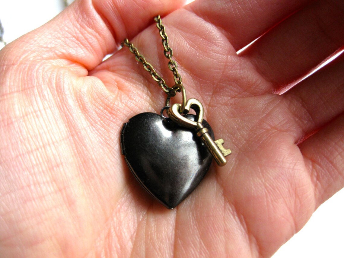 Puffed Heart Locket & Key Charm Necklace-Dark Heart | Etsy