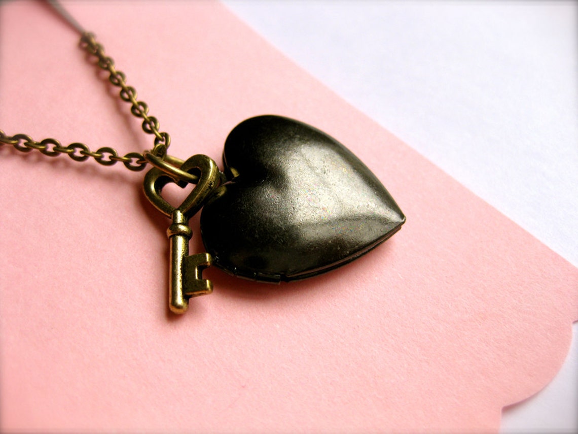 Puffed Heart Locket & Key Charm Necklace-Dark Heart | Etsy