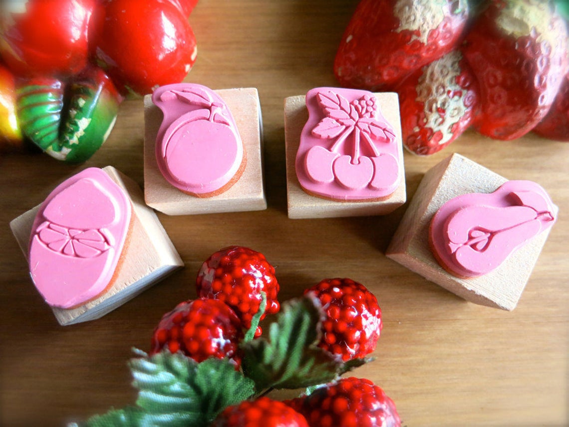 Tiny Fruit Rubber Stamps-cherries Lemon Peach & Pear - Etsy