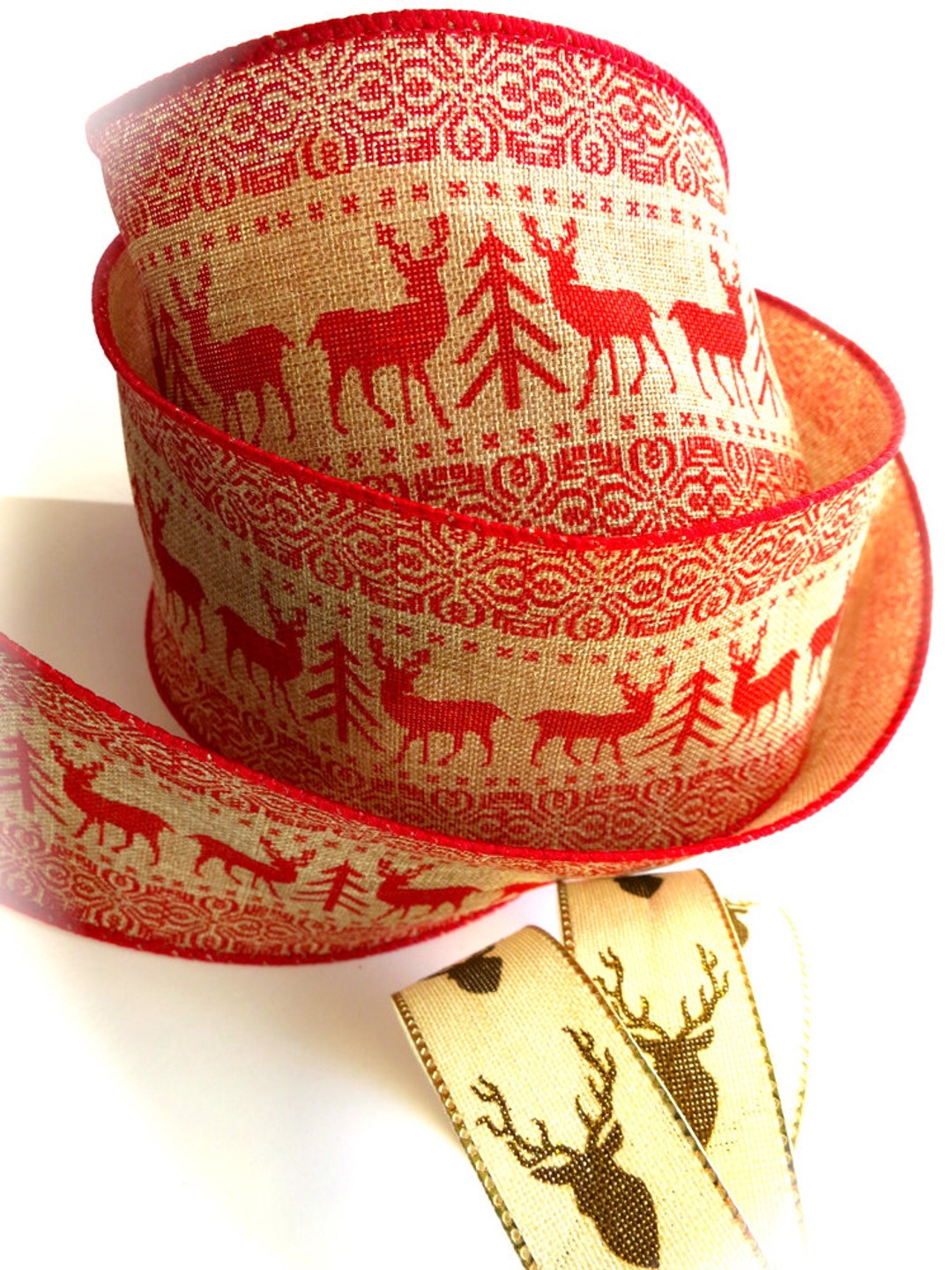 Red Deer Ribbon-1 Yd Wire Edge, Wide Burlap Forest Deer Ribbon-reindeer ...