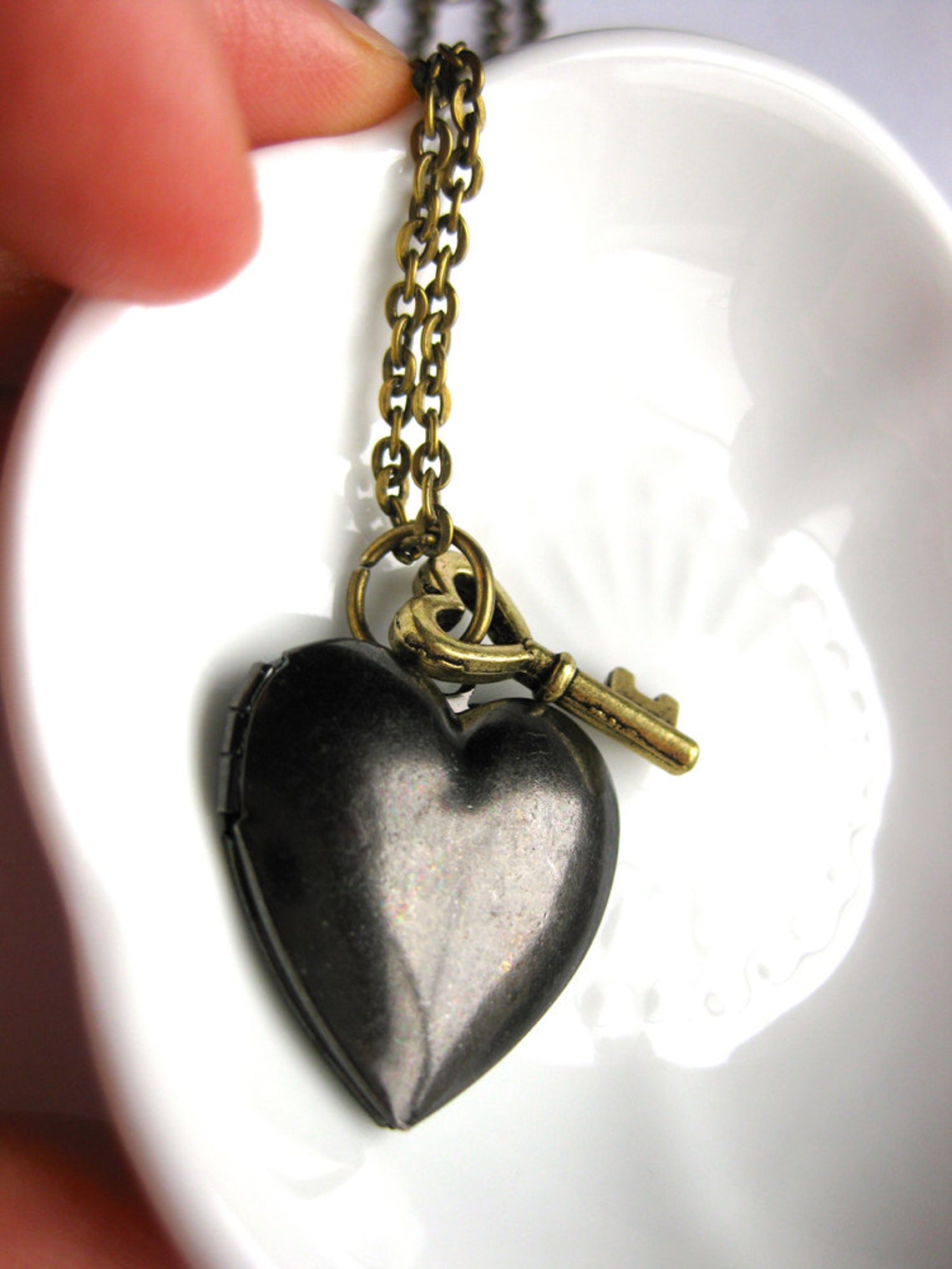 Puffed Heart Locket & Key Charm Necklace-Dark Heart | Etsy