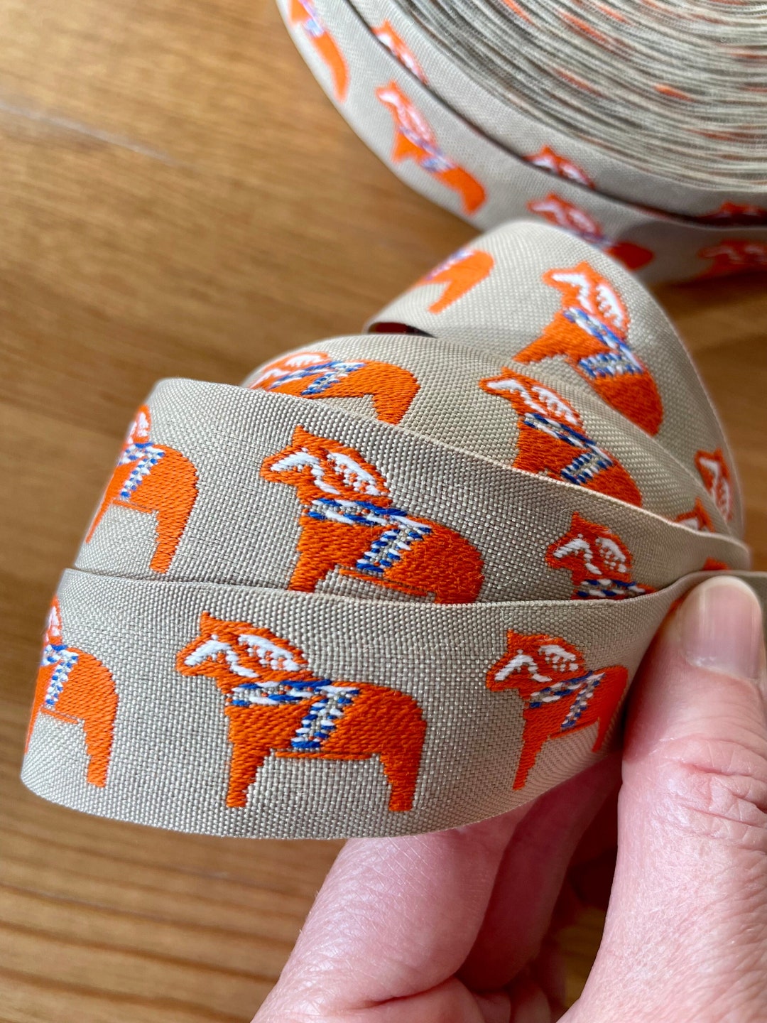 Swedish Dala Horse Embroidered Ribbon-tan, Orange, Blue Trim-1 In. Wide ...