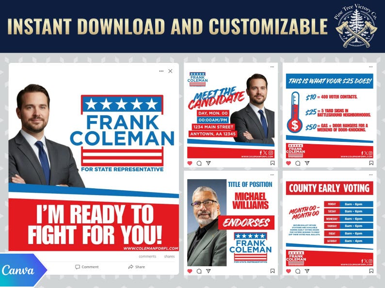 Political Campaign Branding System for Canva | 20 Editable Graphics ...