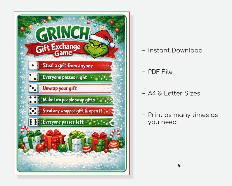 Grinch Christmas Gift Exchange Dice Game (printable) - Etsy