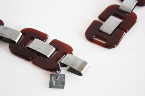 70s Silver and Tortoise shell Link Belt Hippie Flower… - Gem