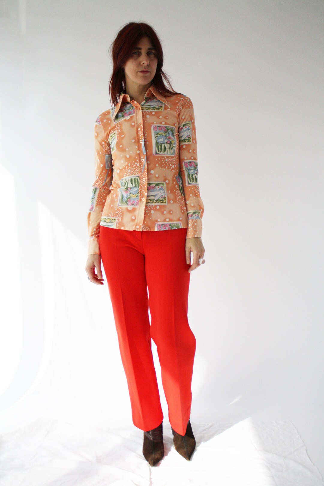 70s Peach Printed Shirt With Pointed Collar and Watercolor Art Print ...