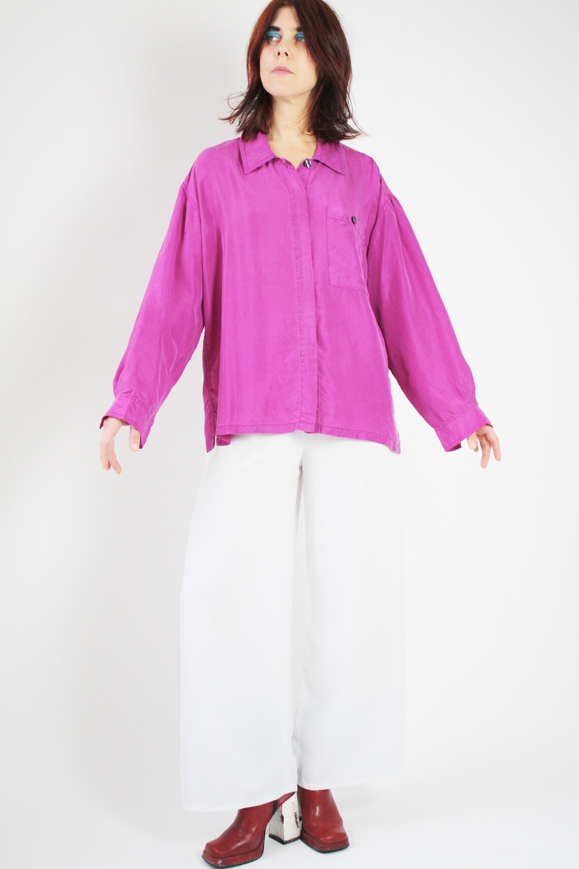 80s SILK Button up Shirt Hidden Button Placket Long Sleeve | Etsy