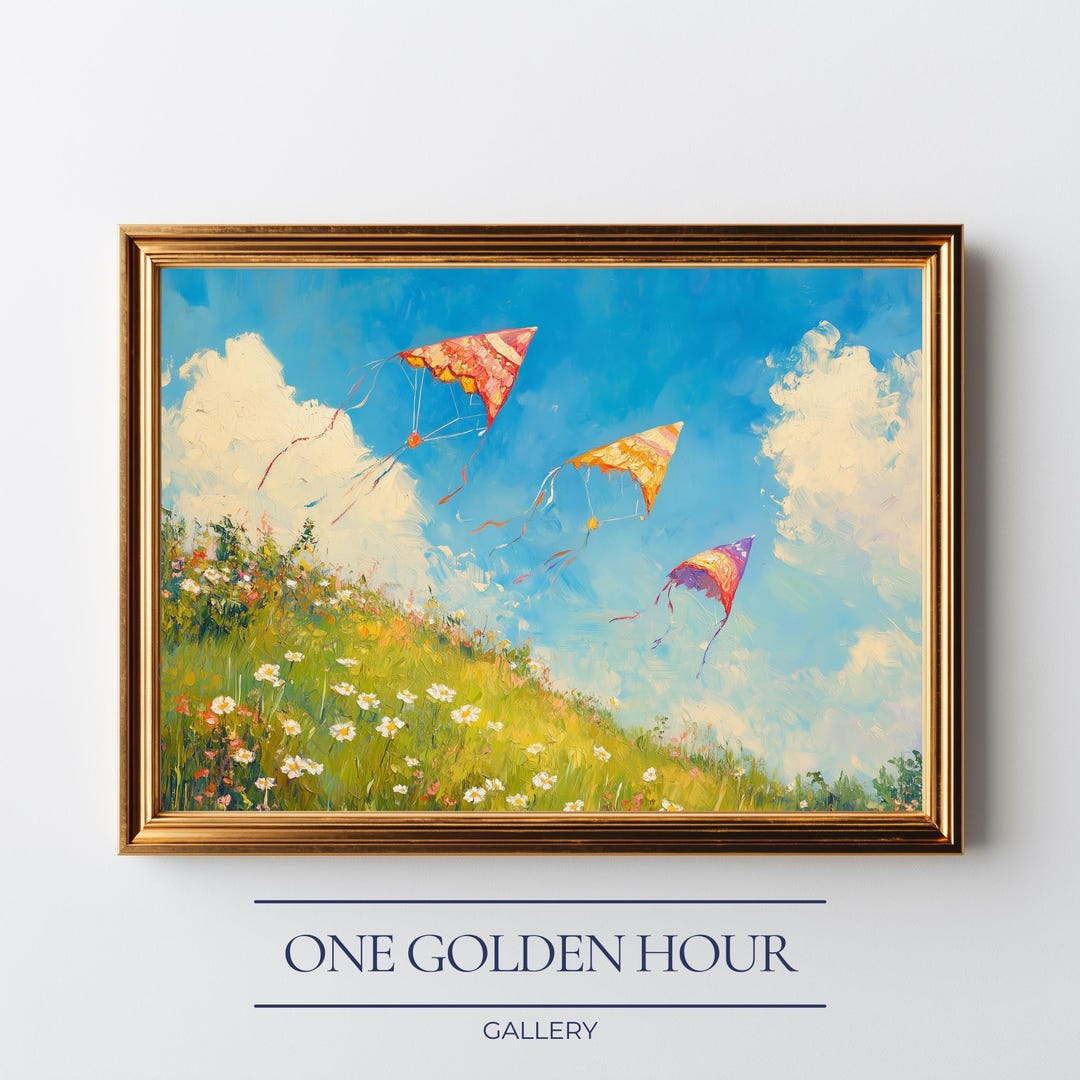 Spring Kite Landscape Painting - Playful Pastoral Scene, Bright Airy ...