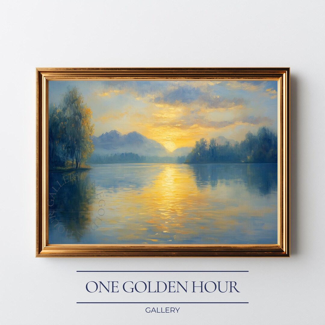 Lakeshore Sunset Printable Art - Serene, Romantic Evening Scene, Golden ...