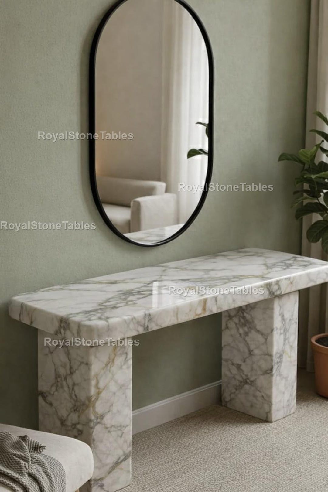 Modern Marble Console Table Luxury Stone Entryway Table Oval Mirror ...