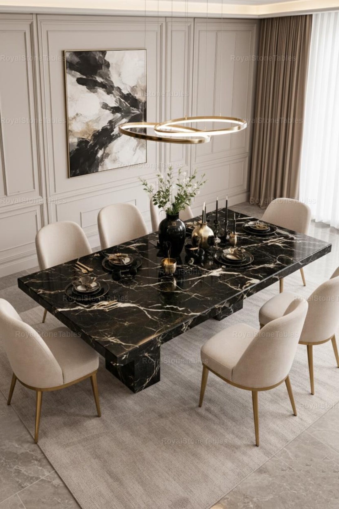 Luxury Calacatta Dining Table | Rectangular Stone Table With Bold White ...