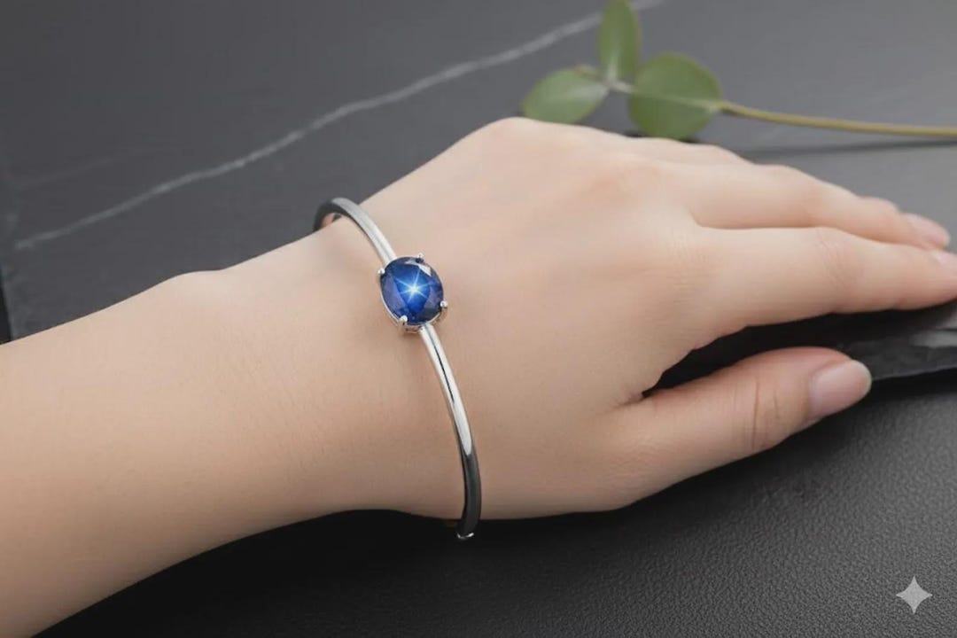 Six Ray Star Sapphire Bangle for Her - Handmade Sterling Silver - Blue ...