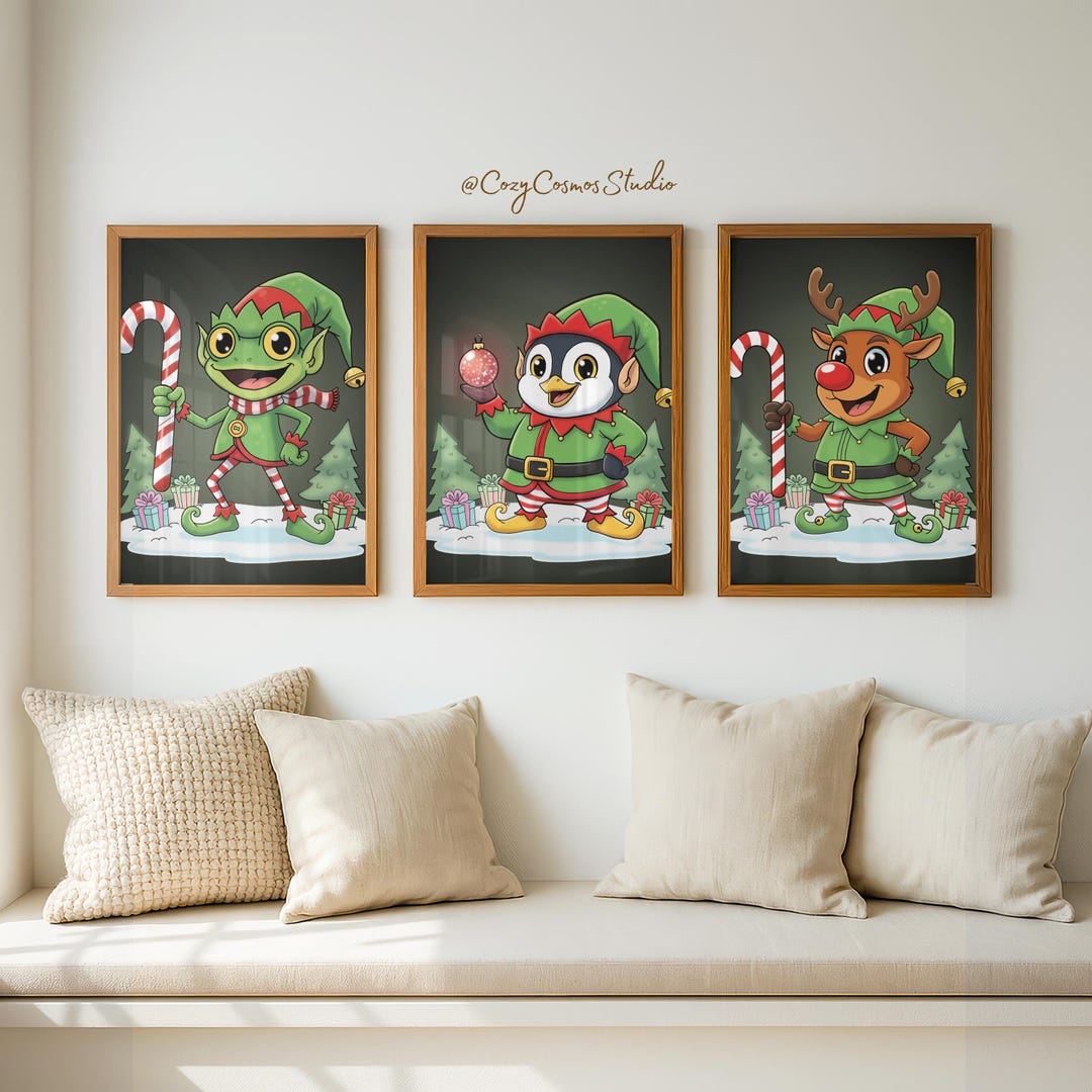 Christmas Elf Animals Wall Art Set of 3 | Nursery Prints | Holiday Kids ...