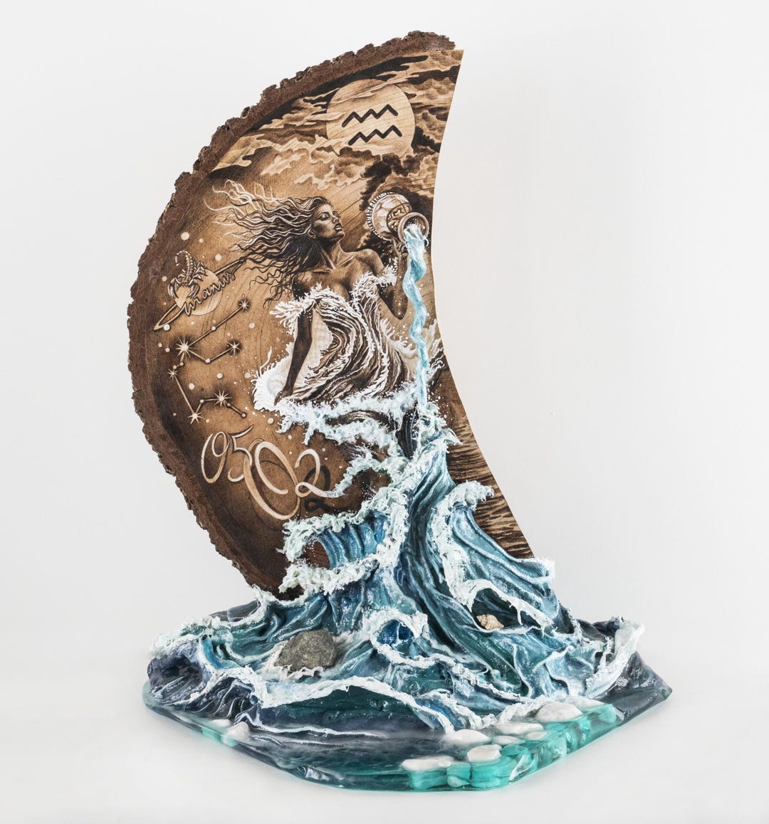 Aquarius Sculpture in Wood and Resin, Handcrafted Pyrography on Wood ...
