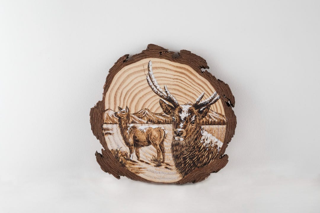 Pyrography of Deer in the Snow, Winter Nature Wood Panel, Original ...