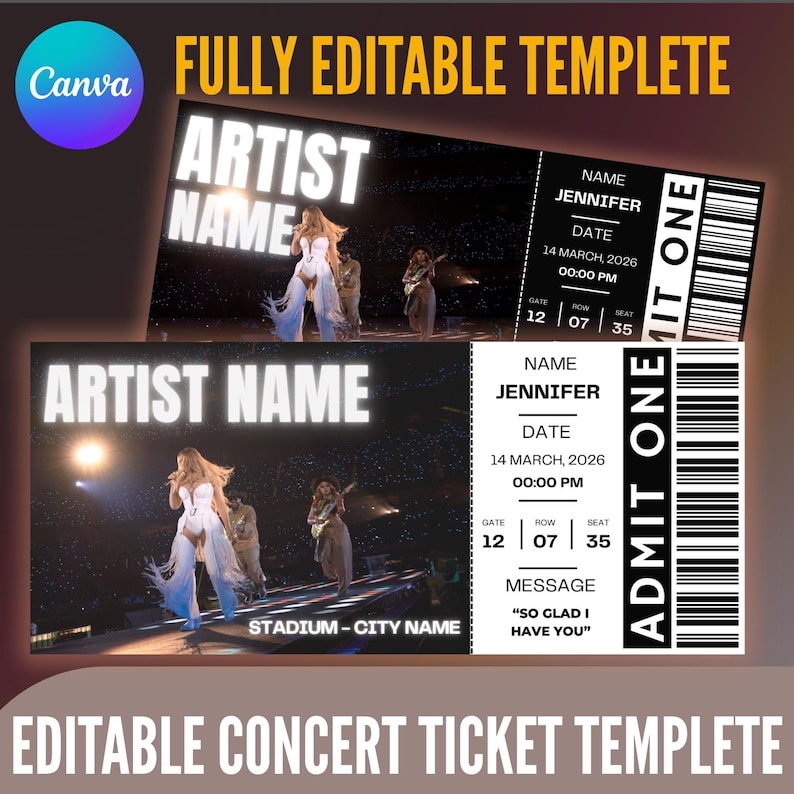 Editable Concert Ticket Template, Printable Event Ticket Surprise Gift ...