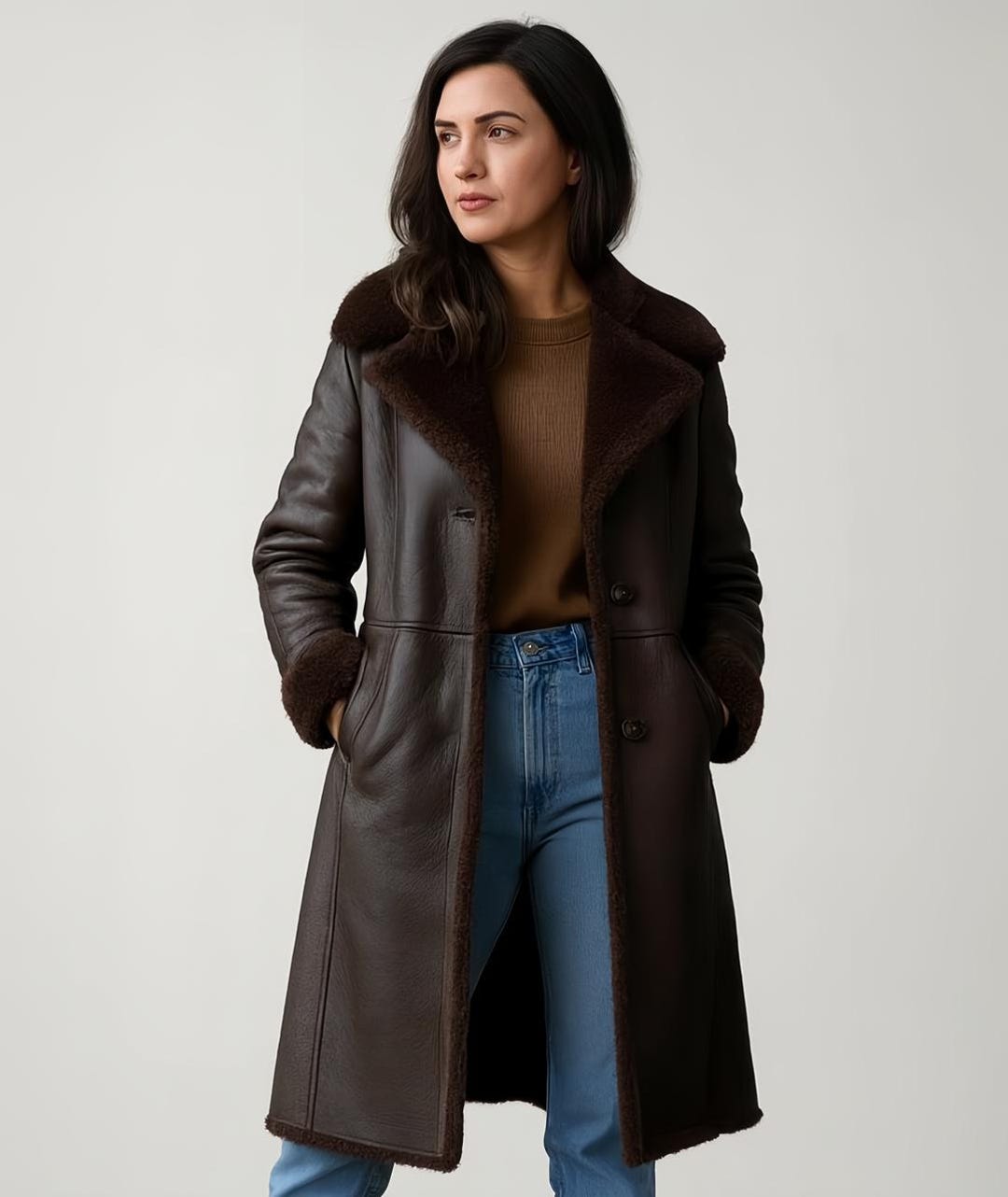Women’s Real Leather Shearling Coat – Classic Long Fur Lined Cold ...