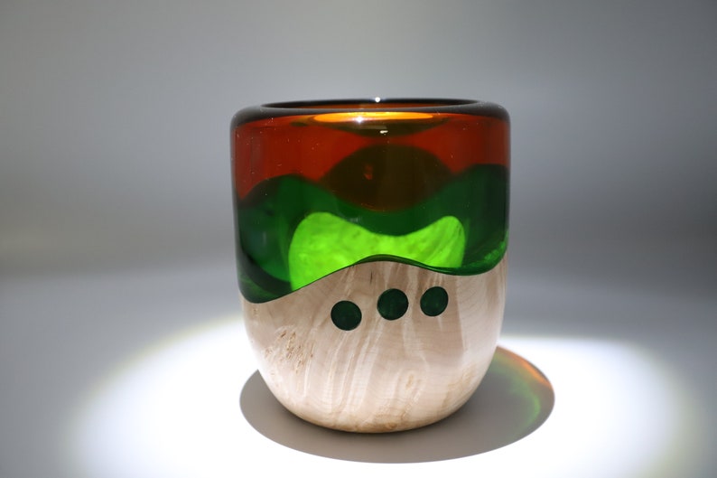 Handcrafted Turned Carved Wooden Bowl From Maple Burl Clear Carved Green Resin Crystal Clear ...
