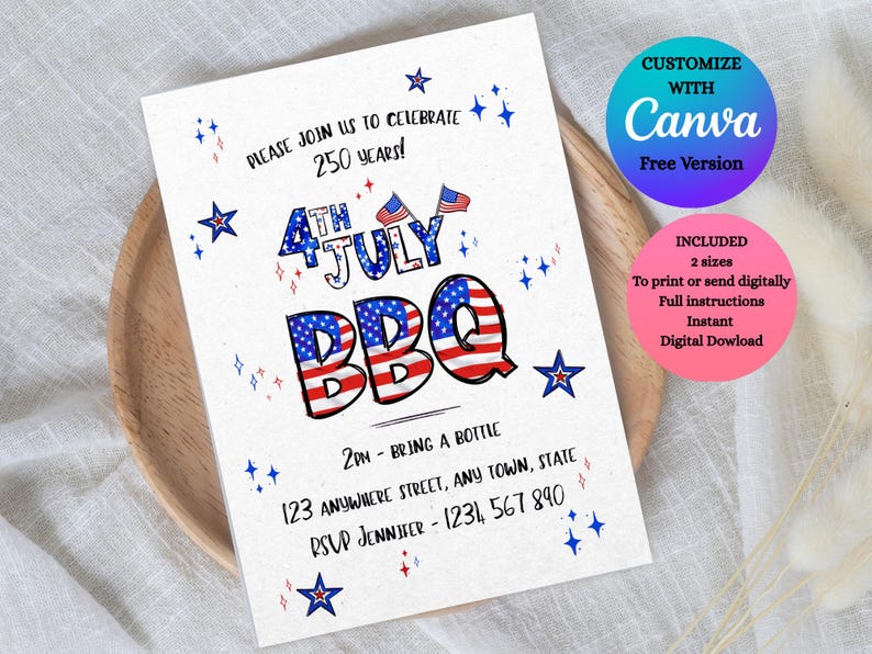 USA 250th Anniversary BBQ Invitation - Hand-drawn 4th of July Cookout ...