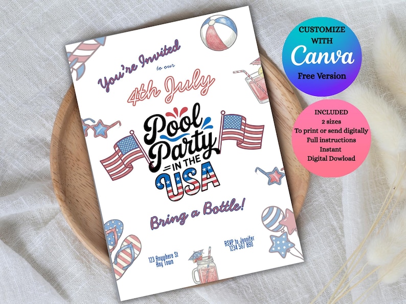 USA 250th Anniversary Pool Party Invitation - Hand-drawn 4th of July ...