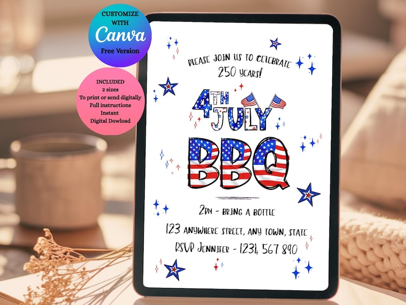 USA 250th Anniversary BBQ Invitation - Hand-drawn 4th of July Cookout ...