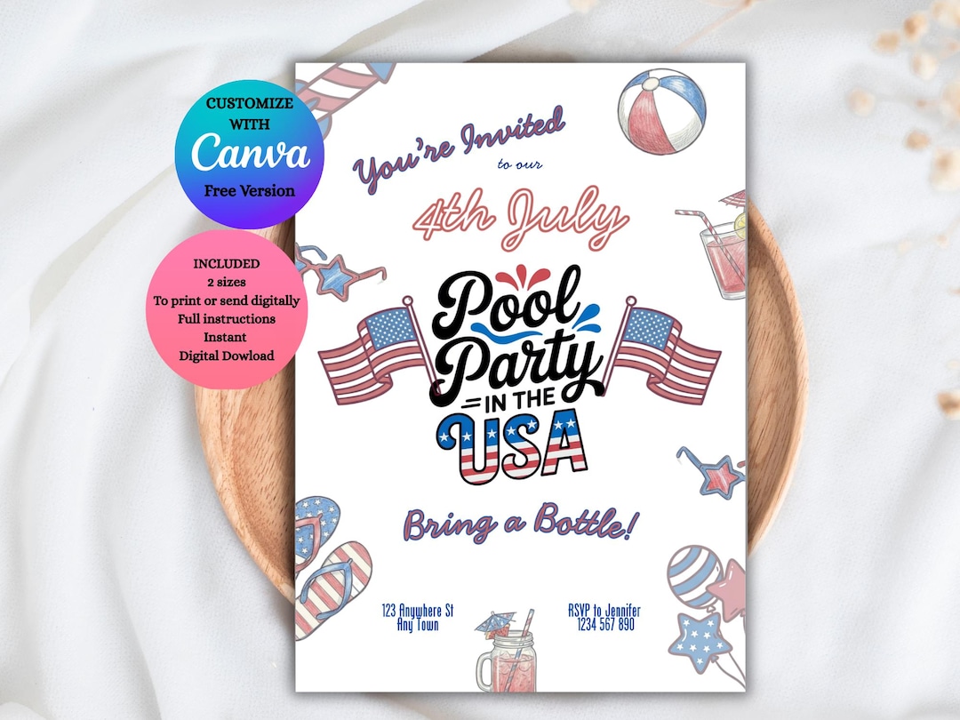 USA 250th Anniversary Pool Party Invitation - Hand-drawn 4th of July ...