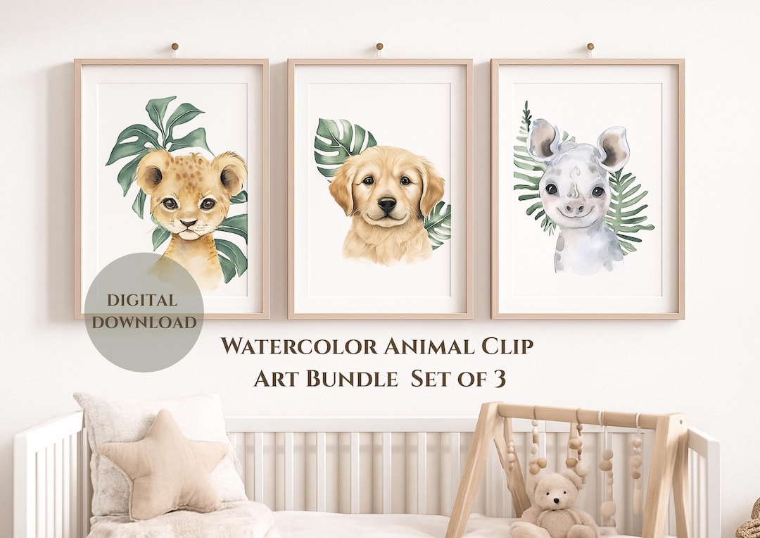 Watercolor Animal Clip Art Bundle | Nursery Wall Art Set of 3 - Etsy