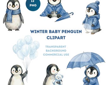 Winter Baby Penguin Clipart, Watercolor Penguins PNG, Commercial Use ...