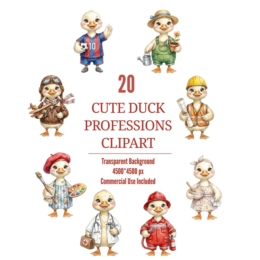 20 Duck Professions Clipart PNG, Watercolor Occupation Ducks Bundle ...