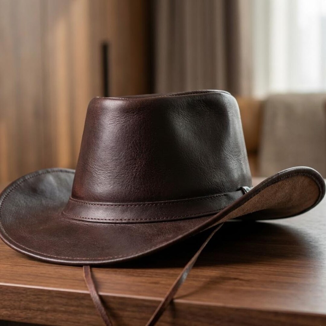Handmade Brown Leather Cowboy Hat, Rustic Western Outback, Durable Mens ...