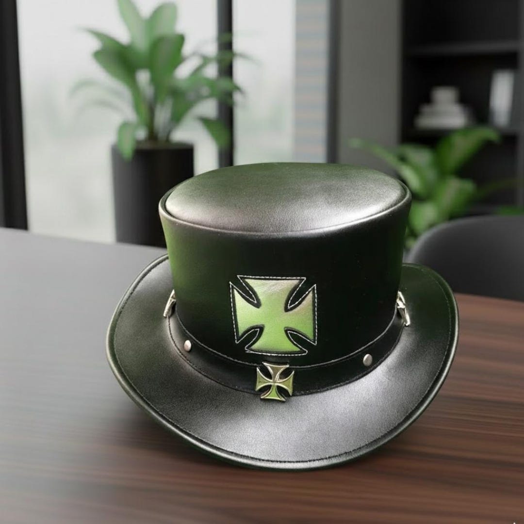 Edgy Black Leather Hat, Green Iron Cross Design for Biker Rocker ...