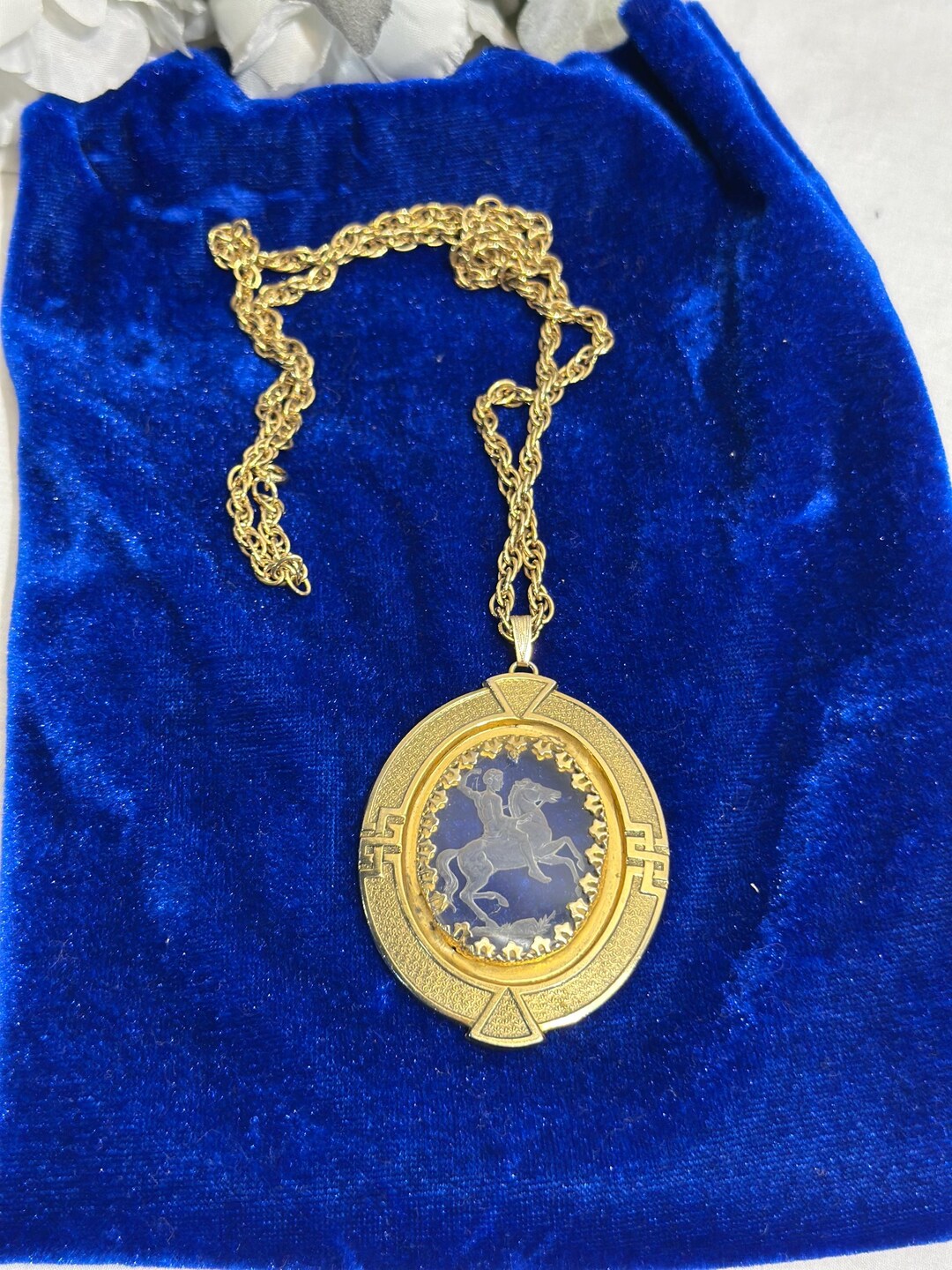 Vintage Sandor Signed Glass Intaglio Horse Pendant & Chain Necklace ...