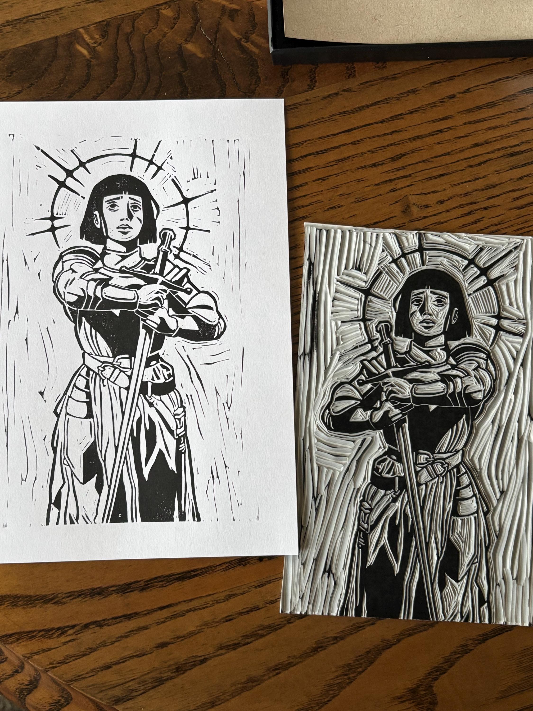 Joan of Arc Linocut Print | 5x7" | Handprinted | Medieval Art - Etsy