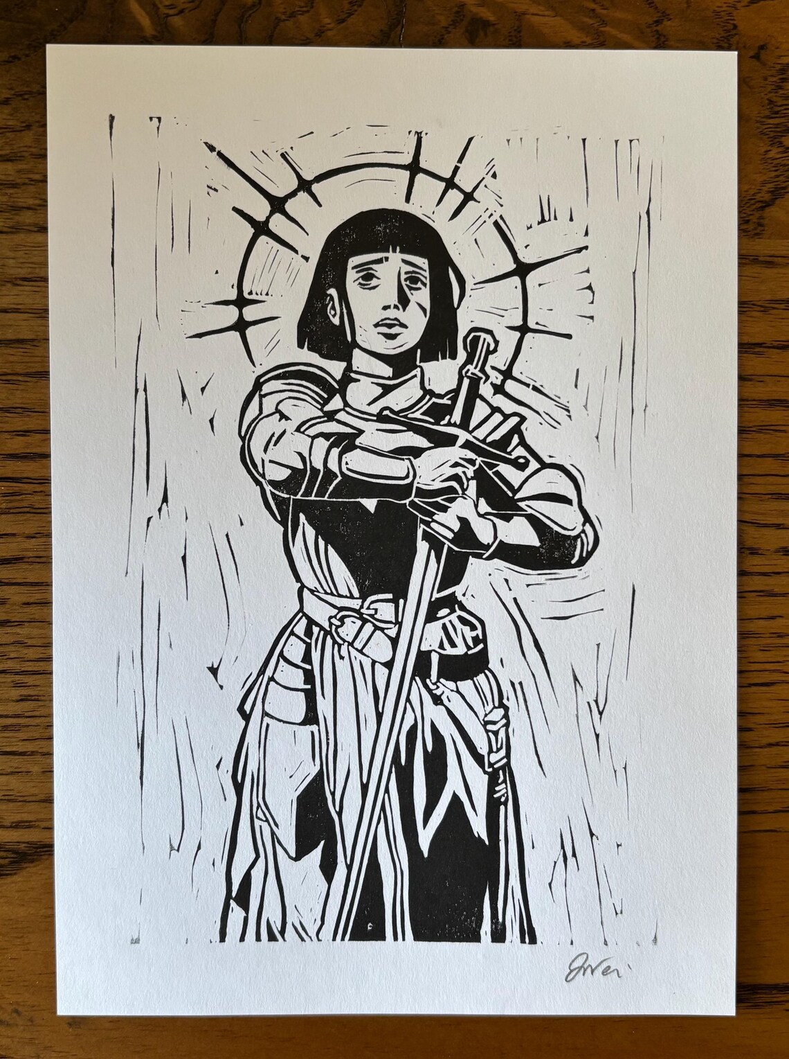 Joan of Arc Linocut Print | 5x7" | Handprinted | Medieval Art - Etsy