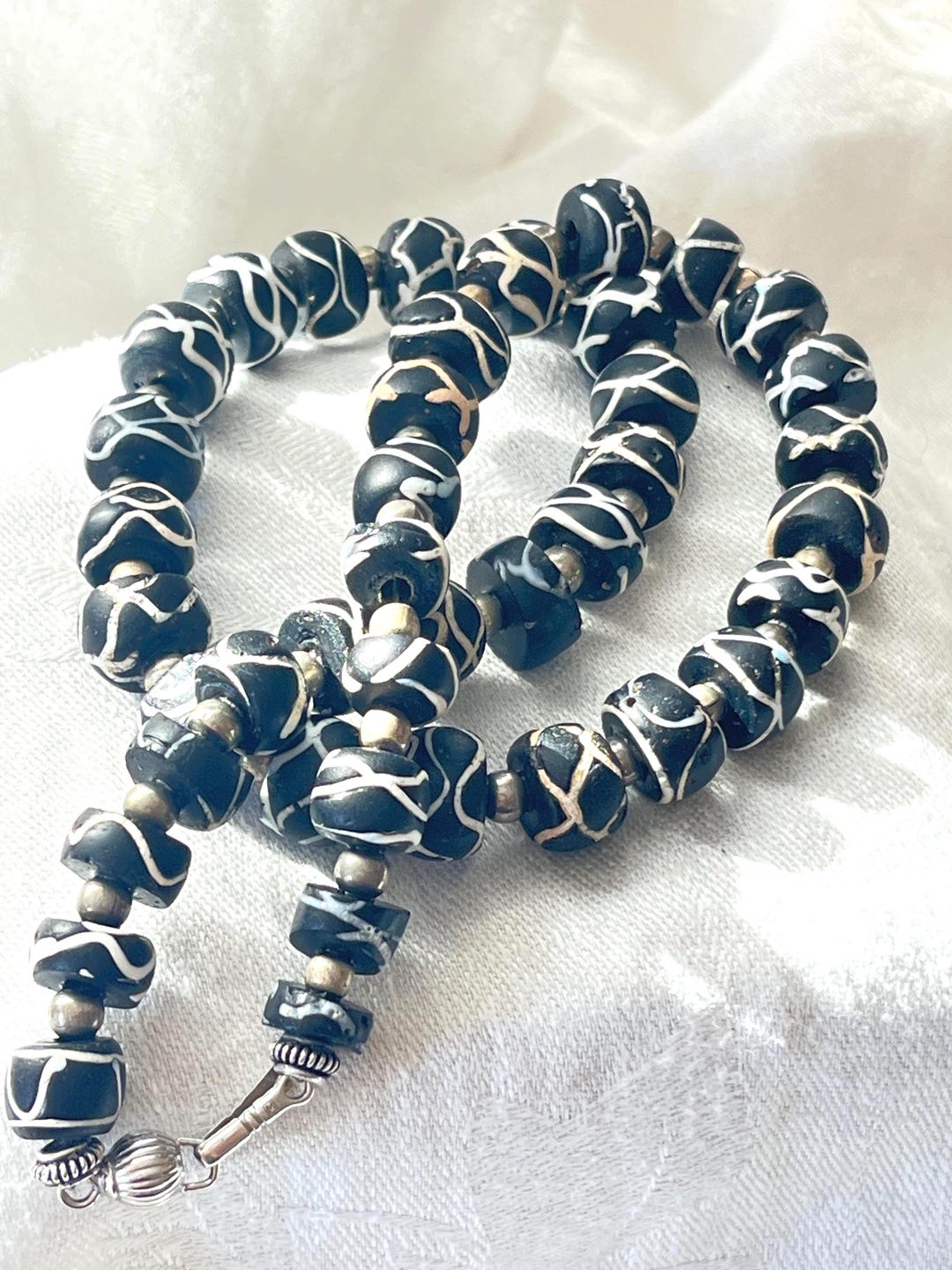 Batik Bone Bead Necklace | Graphic Black & White With Sterling Clasp - Etsy