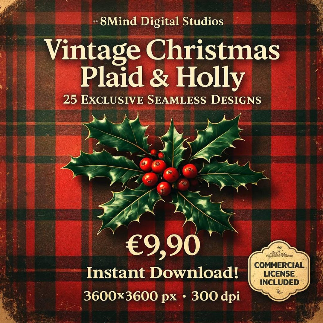 Vintage Christmas Plaid & Holly Digital Paper Pack – 25 Seamless ...