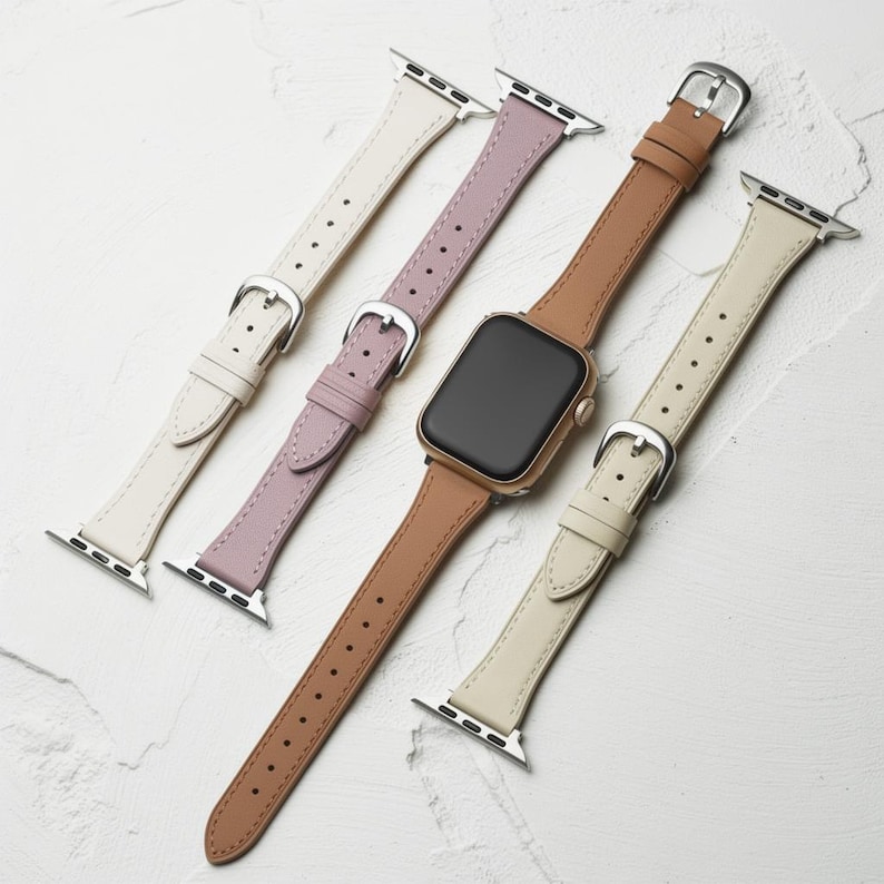 Slim Cowhide Leather Apple Watch Band | Tapered Design, Stainless Steel ...