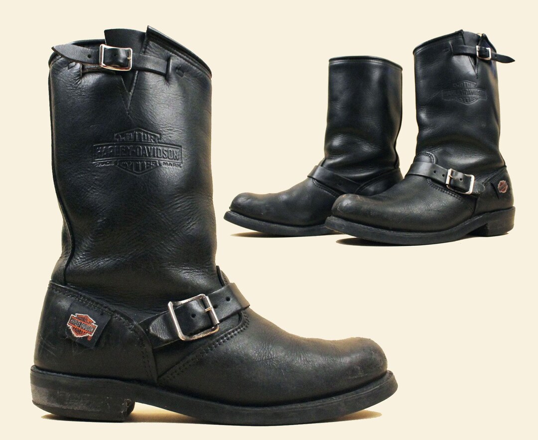 80s Vtg Black Harley Davidson Leather Engineer Boot Double Buckle Pull ...
