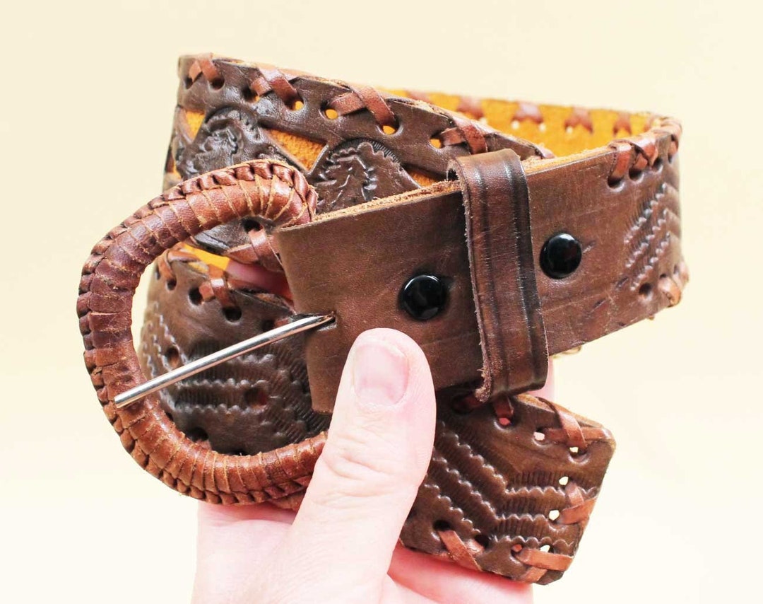 60s 70s Vtg Brown Leather Tooled Maple Leaf Motif Belt Orange Suede ...